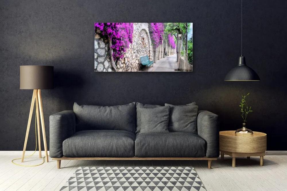 Obraz na skle Aleje Lavička Květiny 120x60 cm