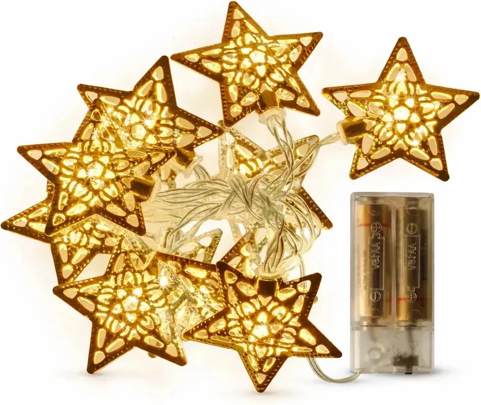 LED světýlka na baterie, 1,3 m, kovové hvězdy, teple bílá, 10 diod, čirý kabel, IP20 interiér, 2× AA
