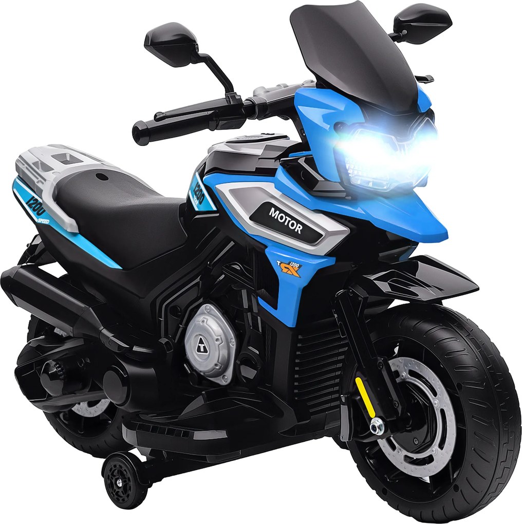 AIYAPLAY elektrická dětská motorka s pomocnými kolečky, zpětnými zrcátky a opěrkami nohou, z PP a kovu, 85,5x44,5x56 cm, modrá