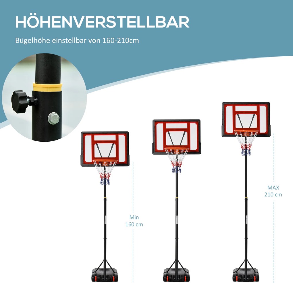 HOMCOM Basketbalový stojan venkovní s kolečky, výškově nastavitelný basketbalový koš 160-210 cm se stojanem, zadní stěna 83x59 cm, pro teenagery na d…
