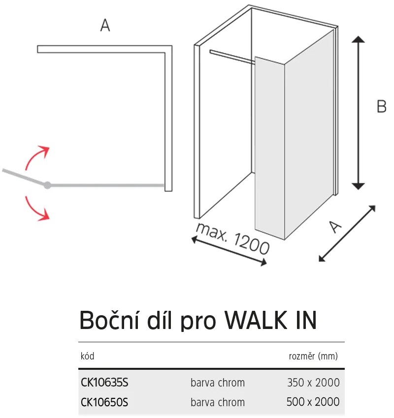 Mereo Novea boční díl pro WALK IN 35 x  200 cm sklo Čiré ALU chrom CK10635S