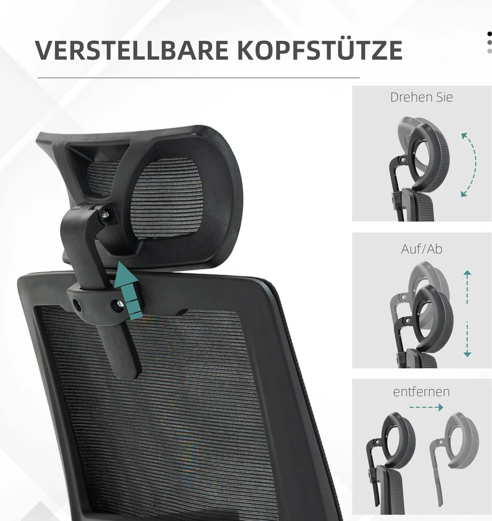 Ergonomická kancelářská židle Vinsetto, židle k psacímu stolu s nastavitelnou opěrkou hlavy, výškově nastavitelné područce, počítačová židle s funkcí…