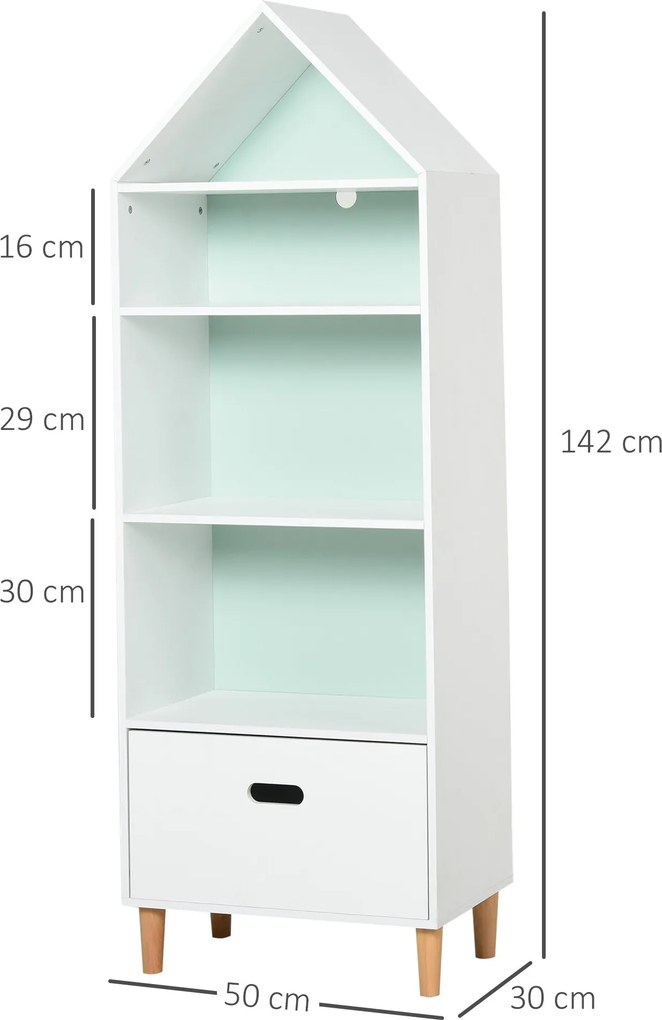 HOMCOM Dětská knihovna Dřevěná knihovna pro děti na knihy, hračky a DVD s 4 policemi a 1 zásuvkou Dvoubarevný kompaktní design 50x30x142 cm Bílá