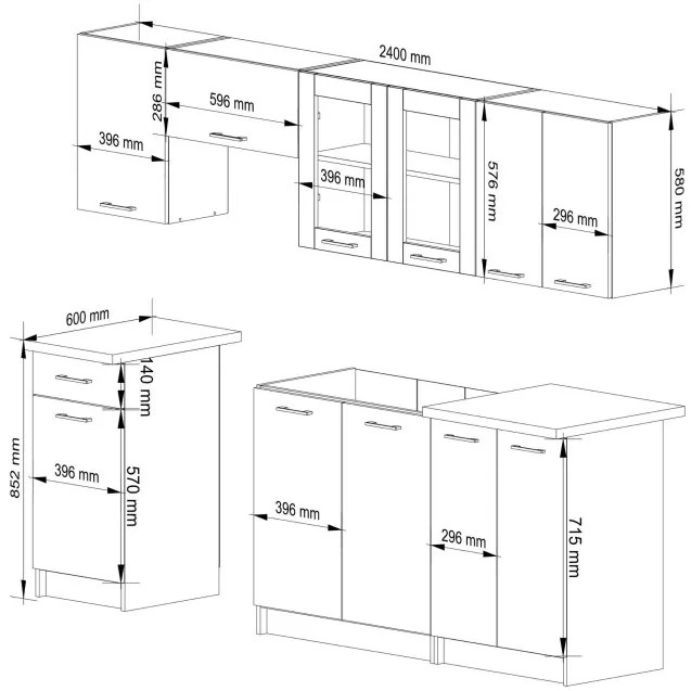 Kuchyňská linka OLIVIA 2.4 m s vitrínou beton
