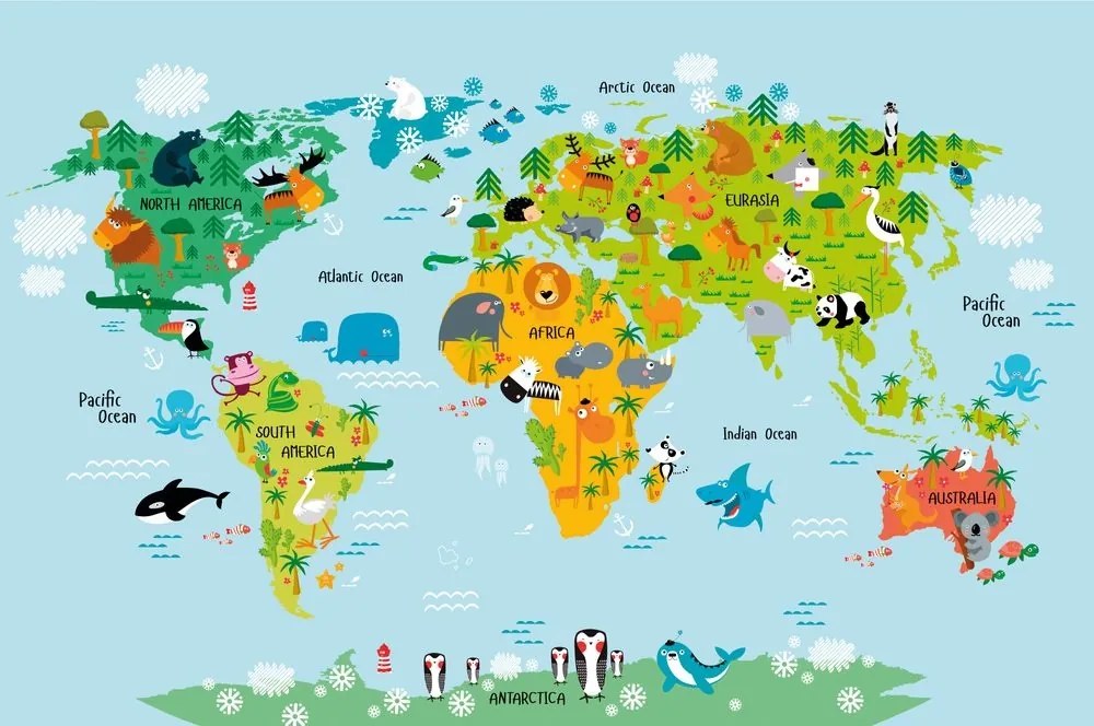 Tapeta dětská mapa světa se zvířátky - 150x100 cm