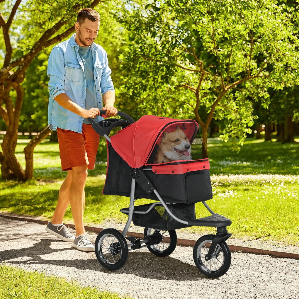 PawHut Kočárek pro psy Dog Buggy Cat Buggy Pet Stroller skládací se 3 koly pro psy a kočky Oxford Red Black 109,5 x 54,5 x 106,5 cm |