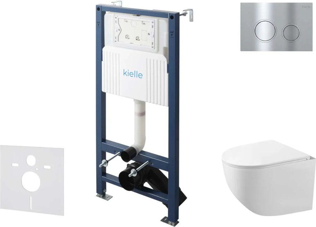 kielle Genesis New - Set předstěnové instalace, kompaktního klozetu Gaia, Rimless, sedátka softclose a tlačítka Gemini New II, lesklý chrom 30528SS86