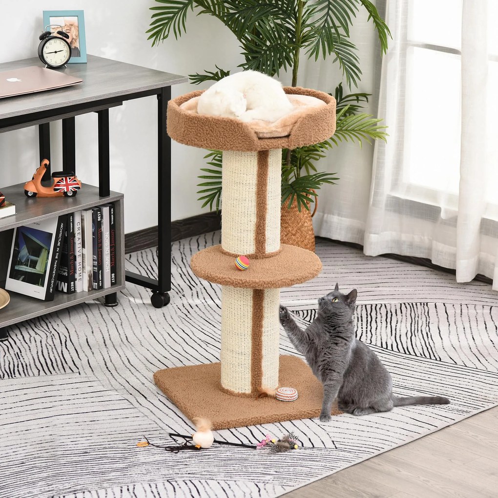 PawHut škrabadlo s odnímatelným polštářem, do 30 kg, škrabadlo, kočičí strom s plošinou, stabilní, sisal, světle hnědá, 45x45x91cm