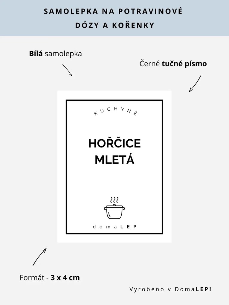 Samolepka na kořenky HOŘČICE MLETÁ bílá 3 × 4 cm tučné písmo