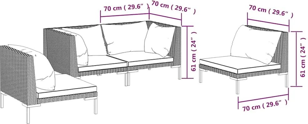4dílná zahradní sedací souprava a podušky polyratan tmavě šedá 3099818