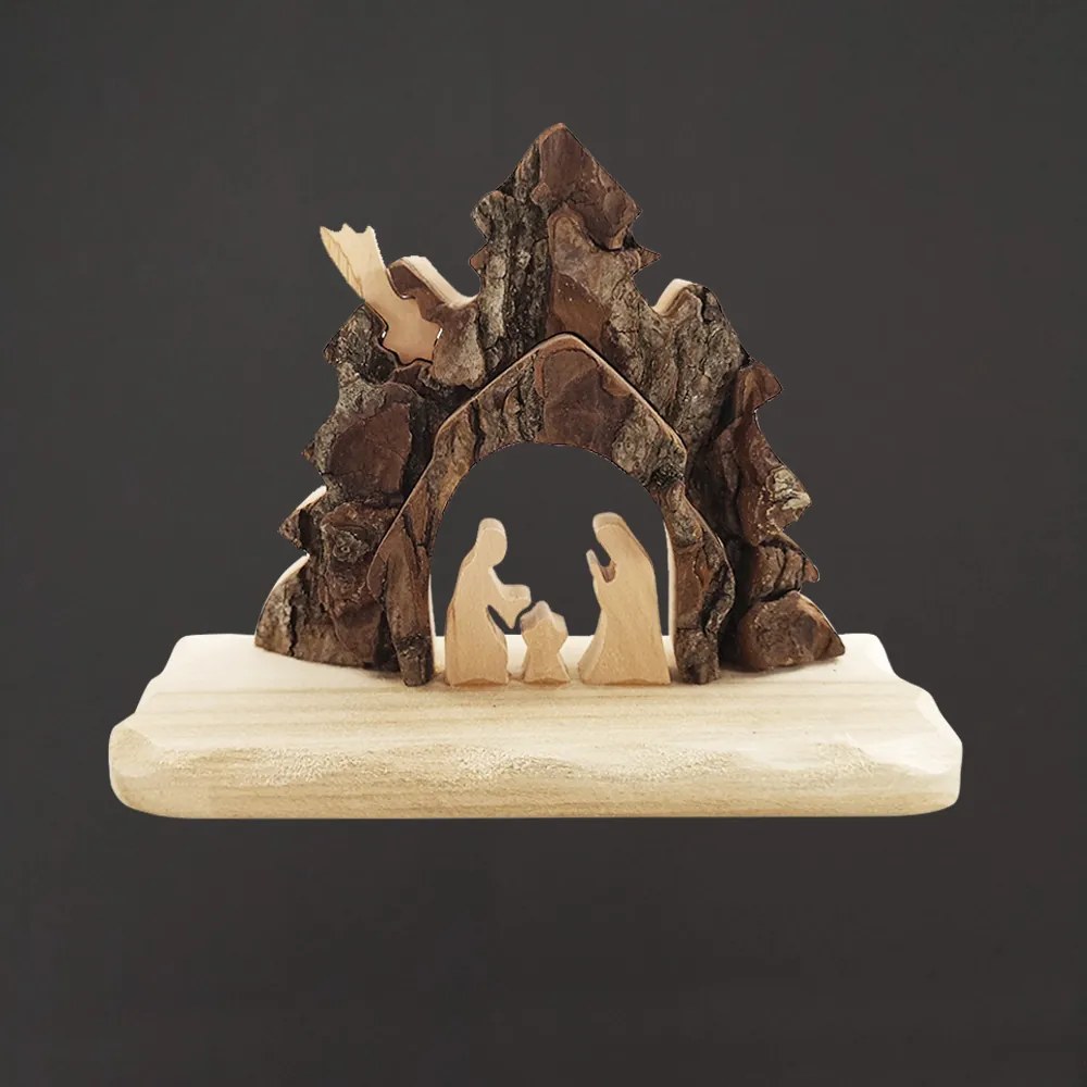 AMADEA Dřevěný betlém s kůrou, masivní dřevo, 13x10x3 cm