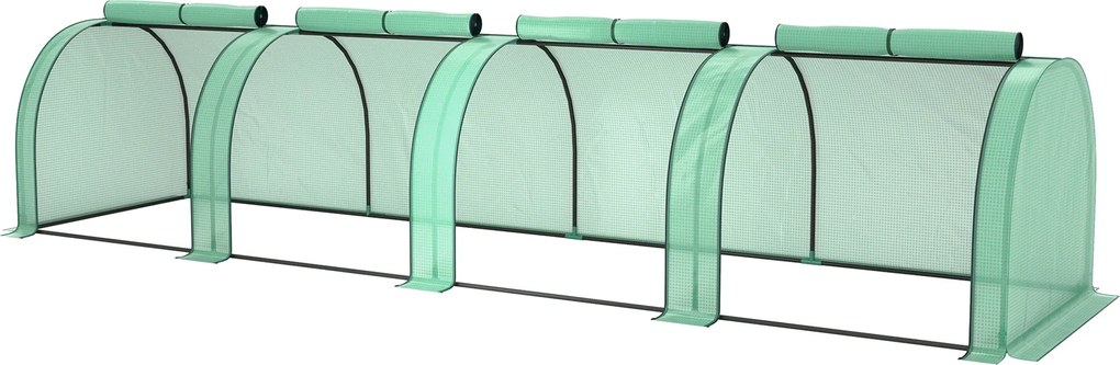 Mini skleník Outsunny - mini tunelový skleník pro pěstování rajčat 4 x 1 x 0,8 m, ocel, vysokohustotní PE 140 g/m², proti UV, 4 dveře s rolovacím zipe