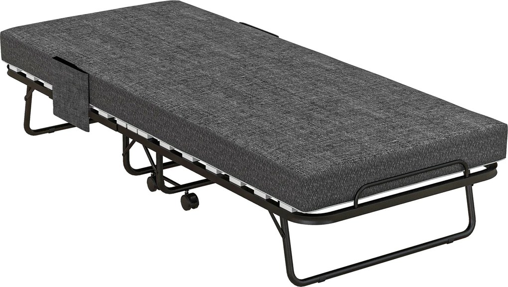 Skládací postel pro hosty HOMCOM s kolečky, matrace 10 cm, potah, cestovní postel s postranní kapsou Tmavě šedá 190 x 80 x 42 cm | Aosom