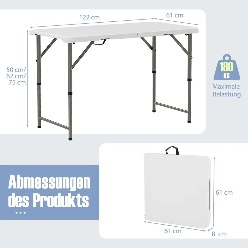 Costway Výškově nastavitelný kempingový stůl s HDPE stolní deskou a rukojetí.
