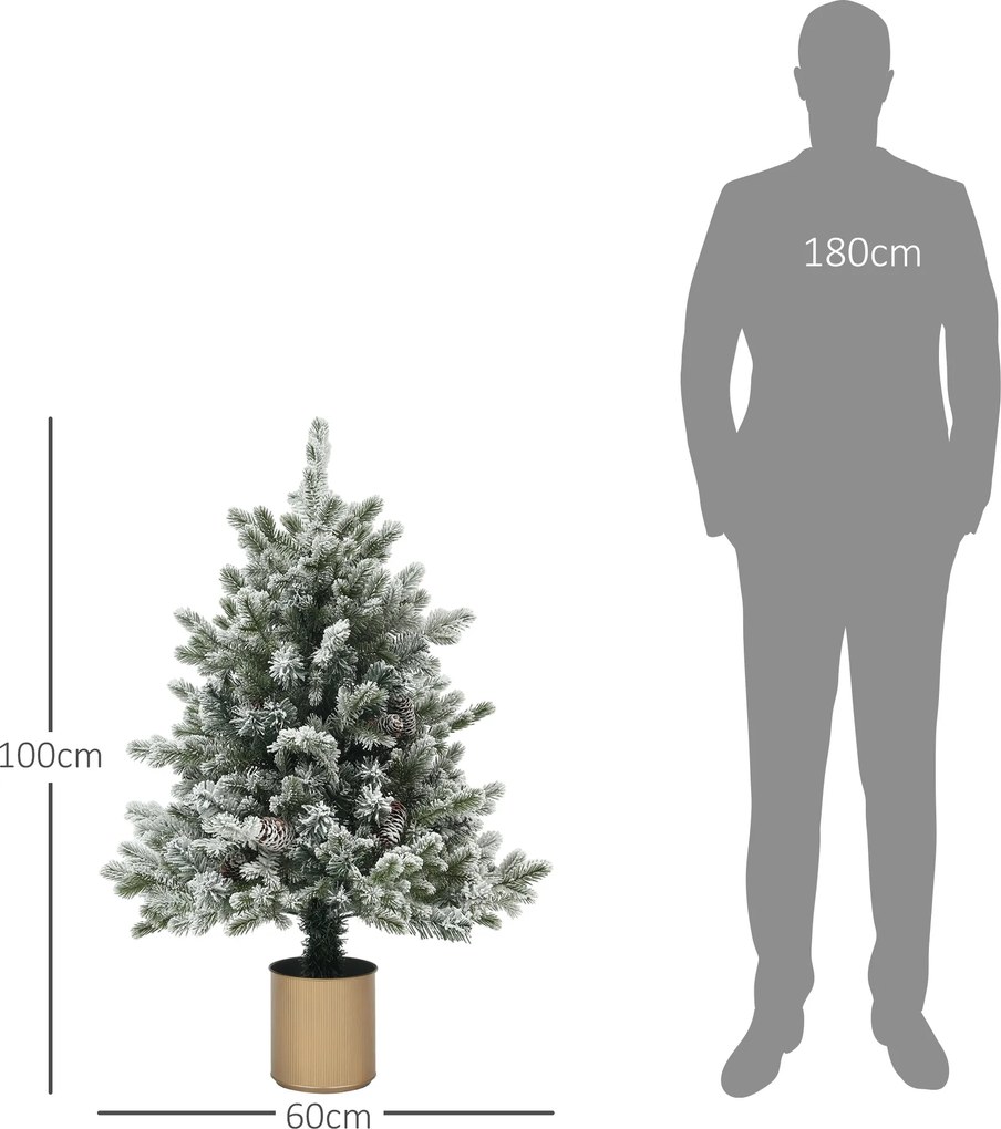 HOMCOM Vánoční stromek s šiškami, pokrytý sněhem, nehořlavý, stabilní, Ø60 x 100H cm, zelená/zlatá