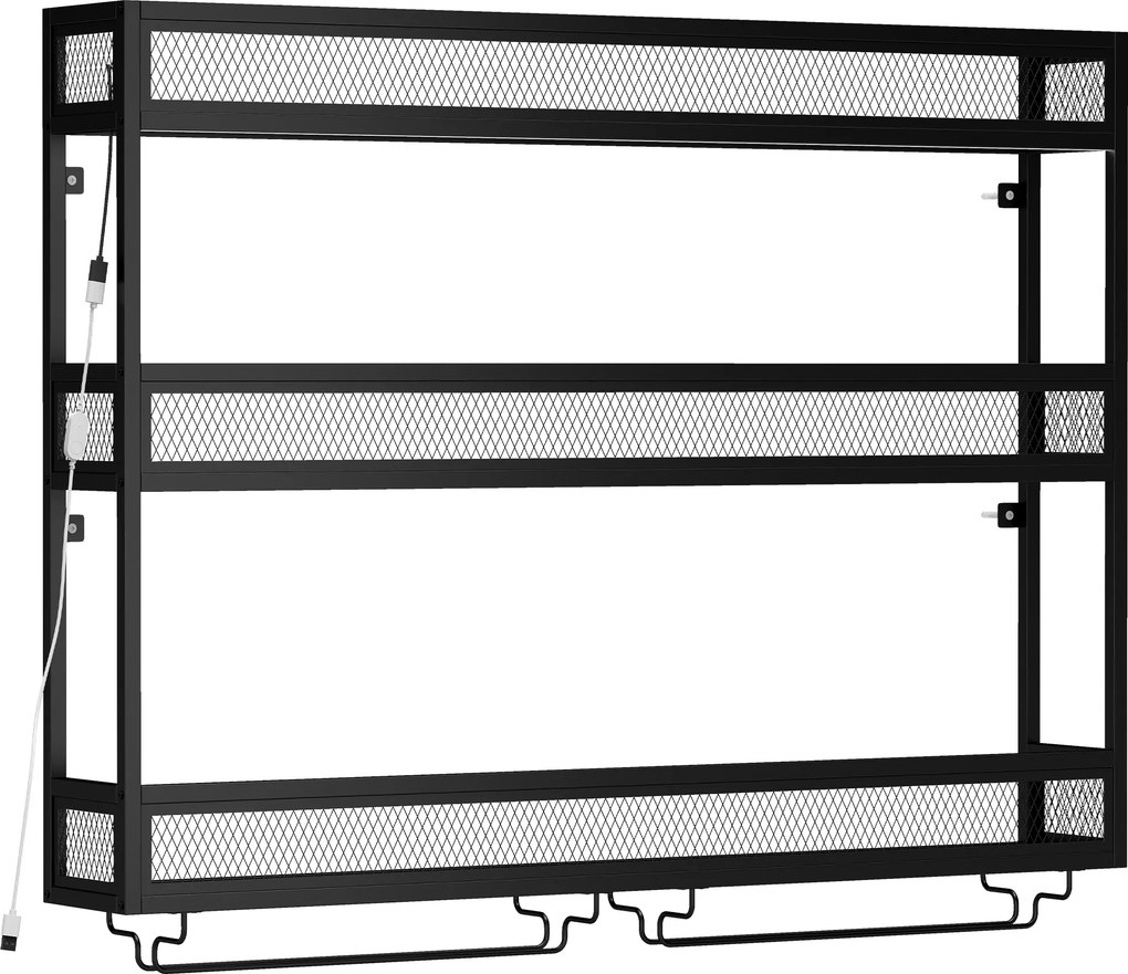 HOMCOM nástěnný držák lahví s LED osvětlením, průmyslový styl, černý kov