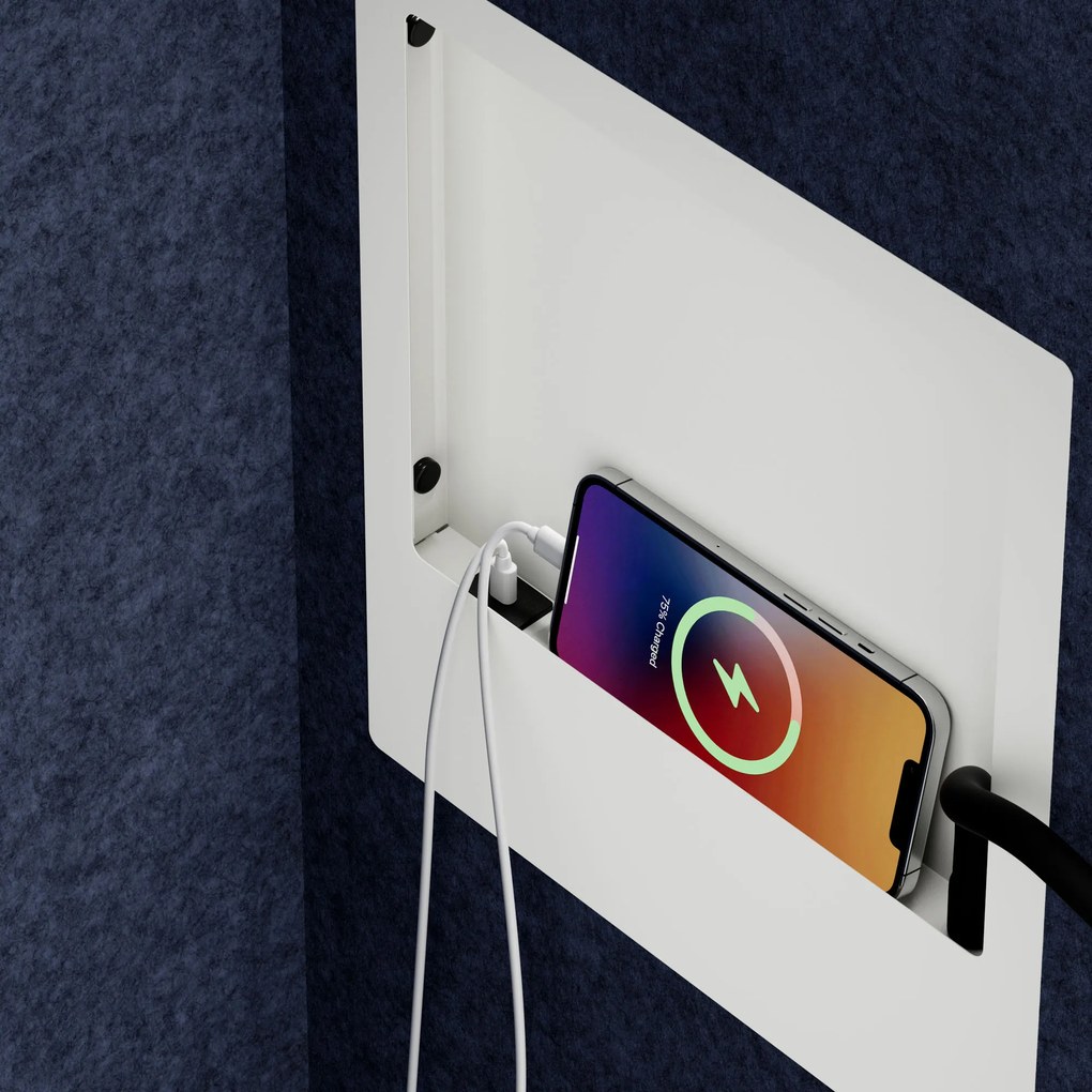 Kancelářská akustická kabina se sedátkem a USB-C portem, korpus bílý / sedák námořnická modrá, 600 mm: SALLY MentalBox