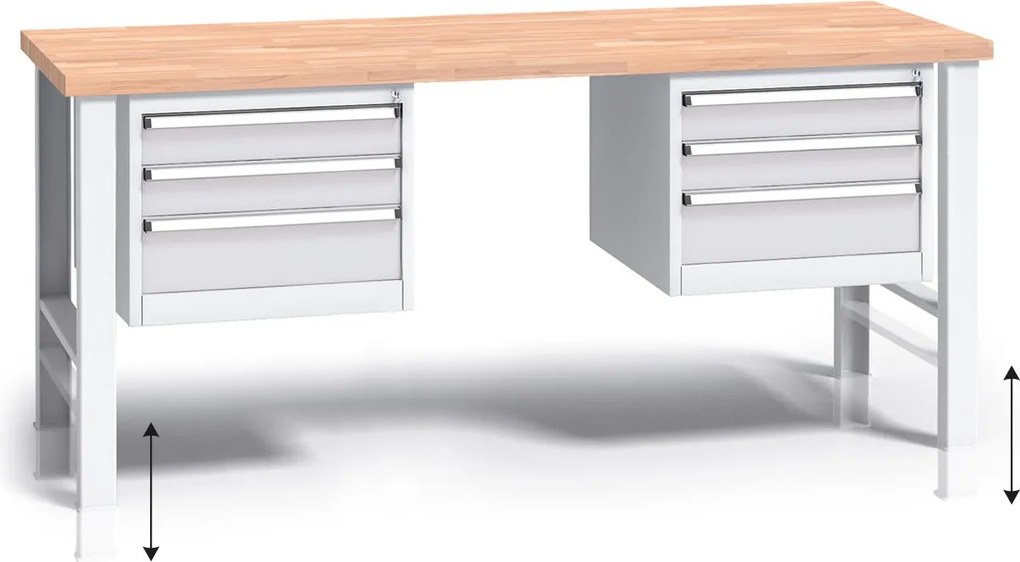 Výškově nastavitelný pracovní stůl do dílny G3 se 2 závěsnými boxy na nářadí, buková spárovka, 6 zásuvek, 2000 x 685 x 840 - 1050 mm, šedá