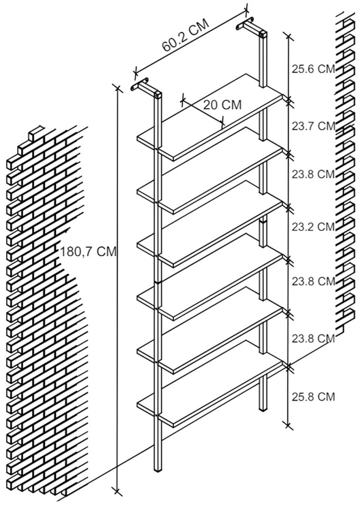 Nástěnná kovová knihovna MILON - 6 polic - antracit