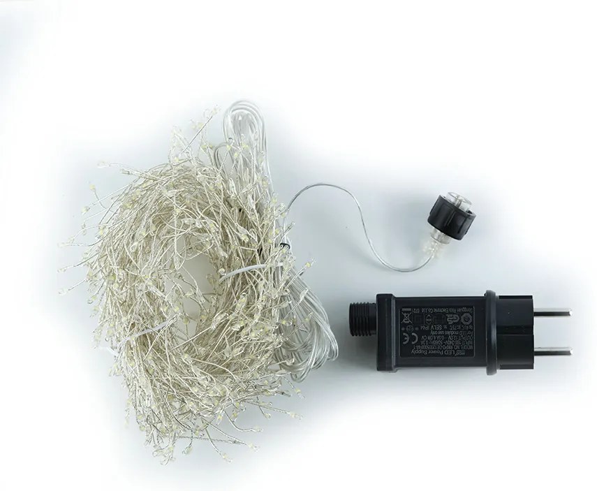 LED světelný řetěz, kapičky na drátku, 3 m, venkovní, teple bílá, 600 diod, stříbrný kabel, IP44, vč. zdroje