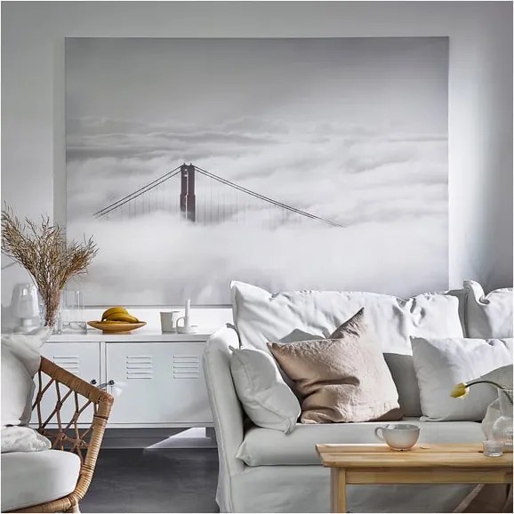 BJÖRKSTA Obraz s rámem, most a mraky/černá, 200x140 cm