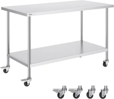 Pracovní stůl z nerezové oceli Komerční přípravný stůl 76,2 × 152,4 cm se 4 kolečky