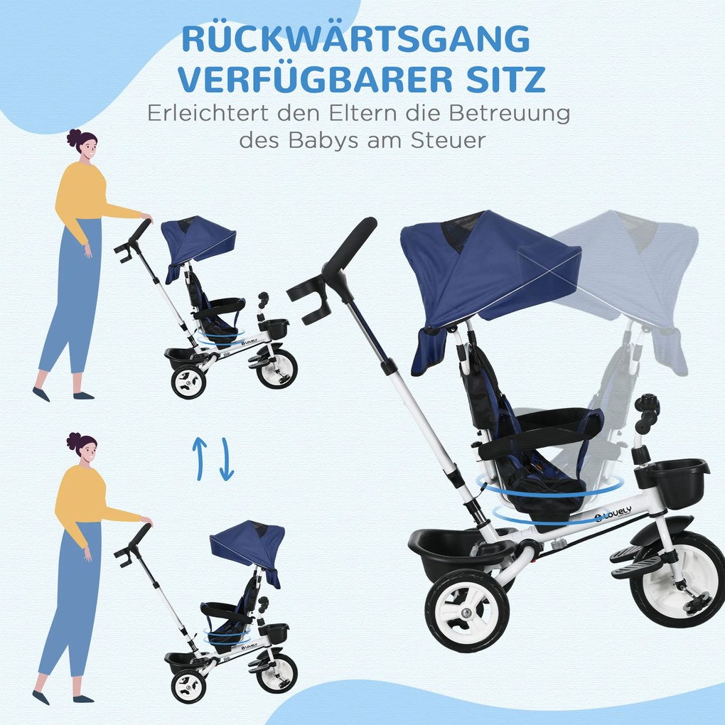 HOMCOM tříkolka 6 v 1 s odrážedlem do 25 kg, skládací dětská tříkolka s bezpečnostním pásem, odnímatelnou sluneční stříškou, držákem na nápoje a koší…