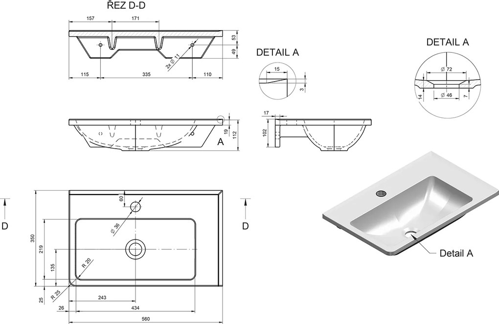 Sapho Sapho, ARANA umyvadlo 56x11x35cm, litý mramor, bílá, pravé, AN056