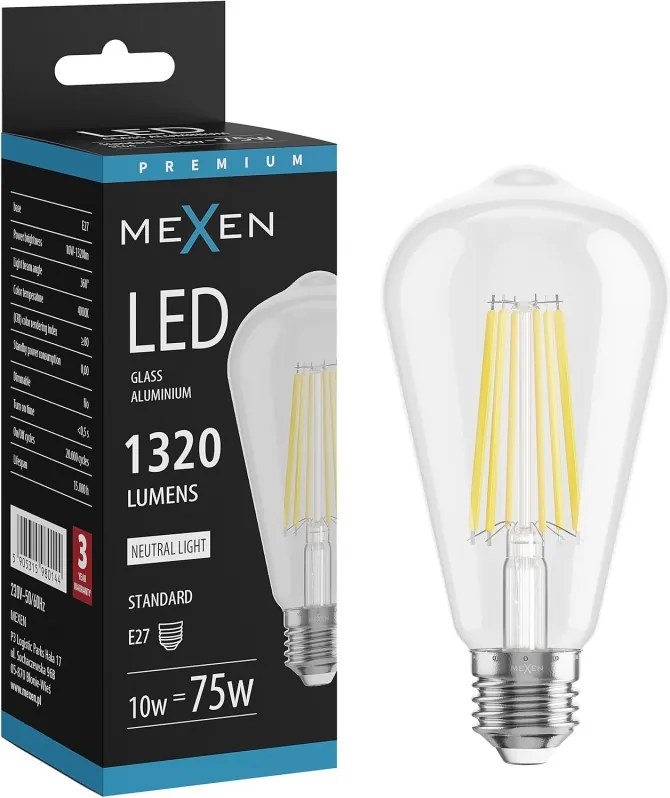 Mexen Vintis, LED filamentová žárovka E27, ST64, 10 W, neutrální bílá 4000K, čirá, L152-E27-1040-00