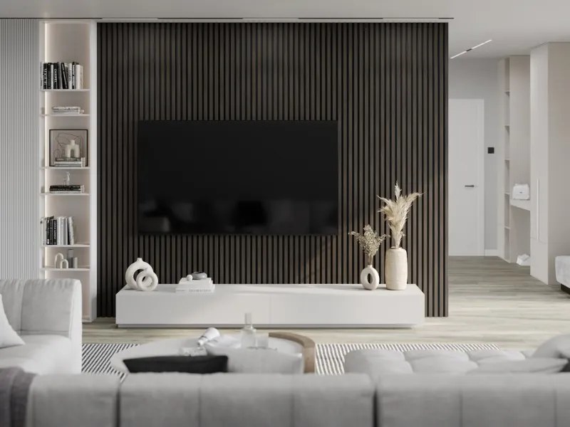 Mexen Lam-F, akustické stěnové lamely 275 × 30 cm, plstěný podklad 8 mm, technická dýha, ořech stříbřitý, S105-275307-3015-009