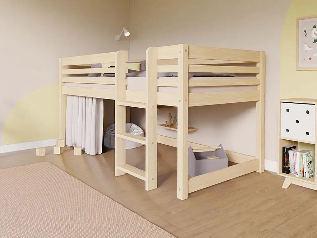Benlemi Nízká vyvýšená postel TULY s žebříkem 90x200 cm Zvolte barvu: Bílá, Zvolte stranu: Vlevo, Zvolte variantu: Se závěsem