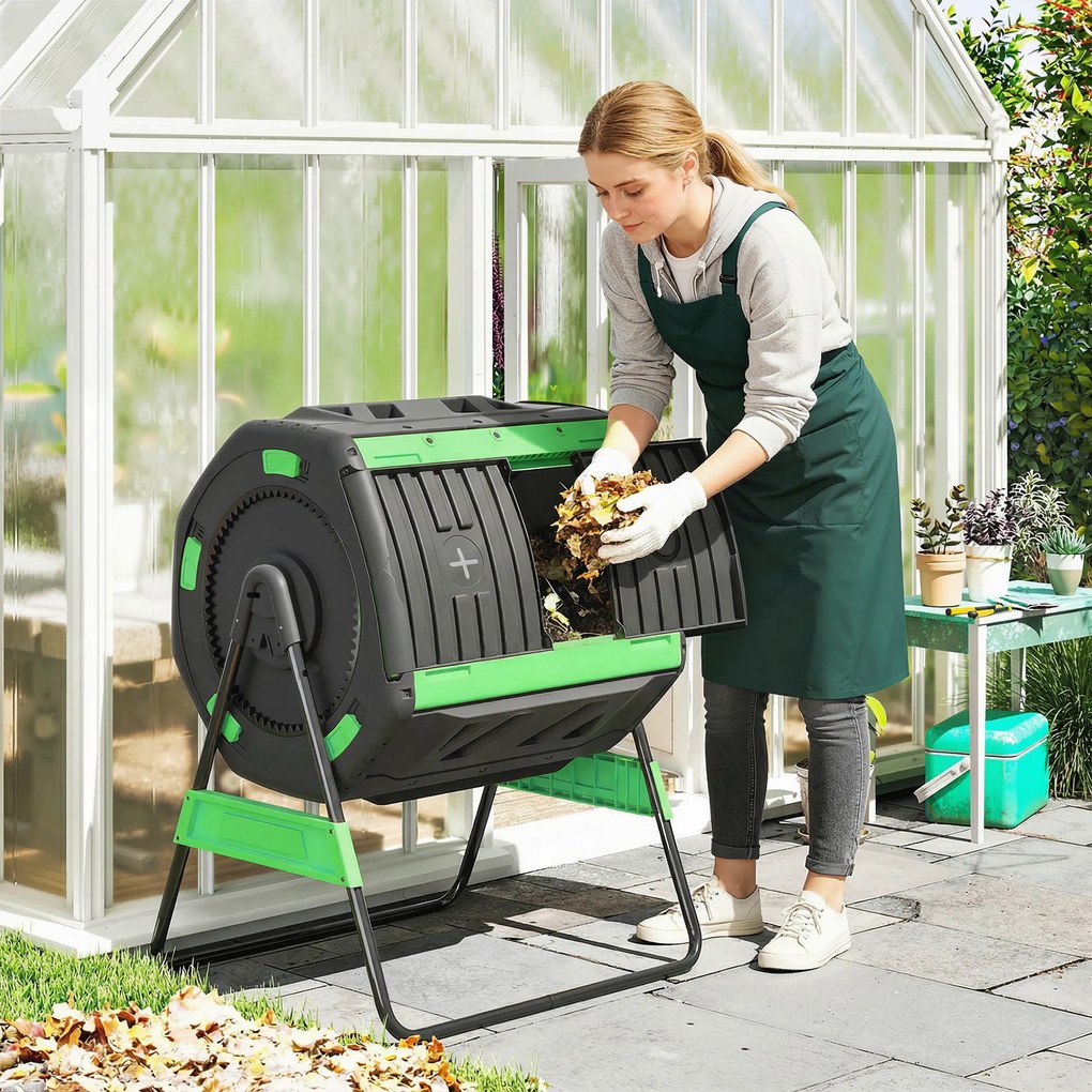 Outsunny 200 l kompostér s otočným bubnem, 94 × 67 × 98 cm – rychlý kompostér s větracími otvory a posuvnými dvířky, odolný plast