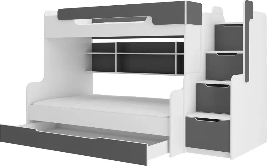 Patrová postel se schody HARELL – šedá (260 x 129) cm – 1 zásuvka na lůžkoviny místo další komody