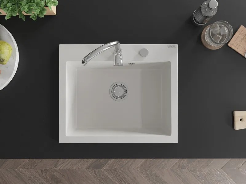 Mexen Elix granitový dřez 1-komorový 600 x 500 mm, bílý, sifon chrom - 6525601005-20