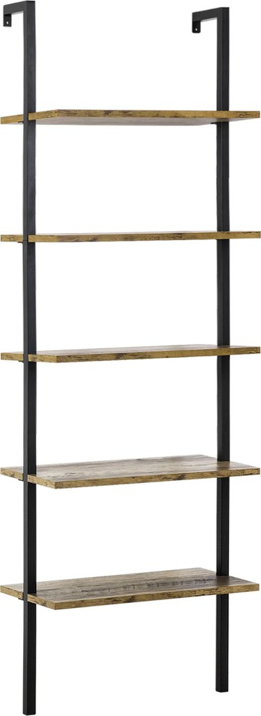HOMCOM Knihovna ve stylu průmyslového ležení s 5 policemi, nástěnná knihovna ze dřeva a kovu, 60x30x184,5cm, hnědá | Aosom