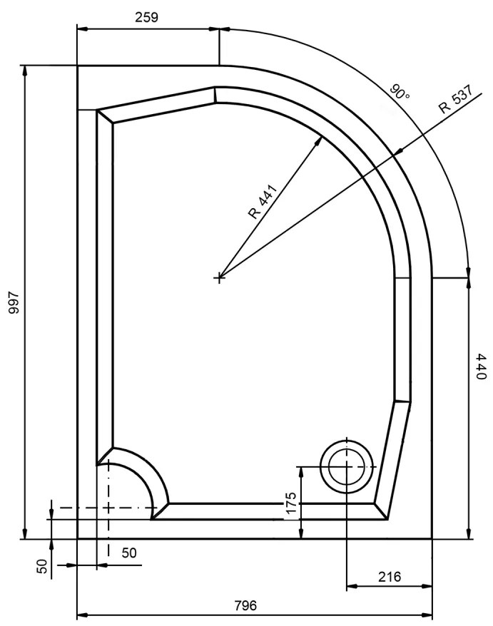 Gelco RIVA sprchová vanička z litého mramoru, čtvrtkruh 100x80cm, levá GR10080L