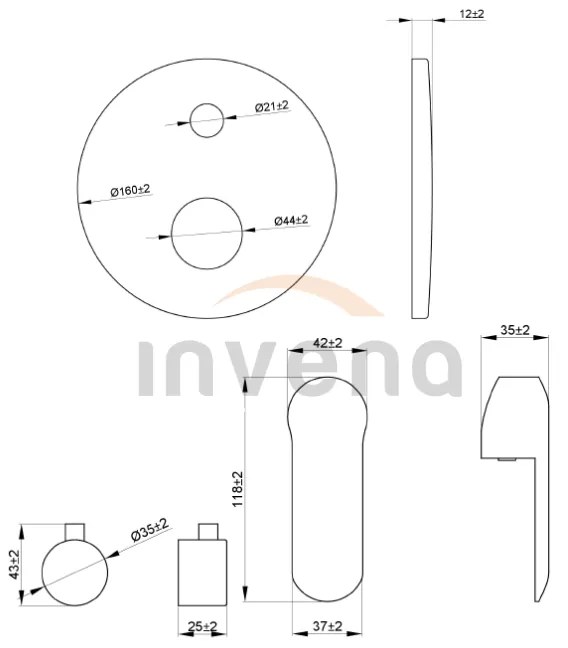 Invena Siros, podomítková 2-výstupová baterie (těleso+krytka), chromová, INV-BP-90-CO2-A