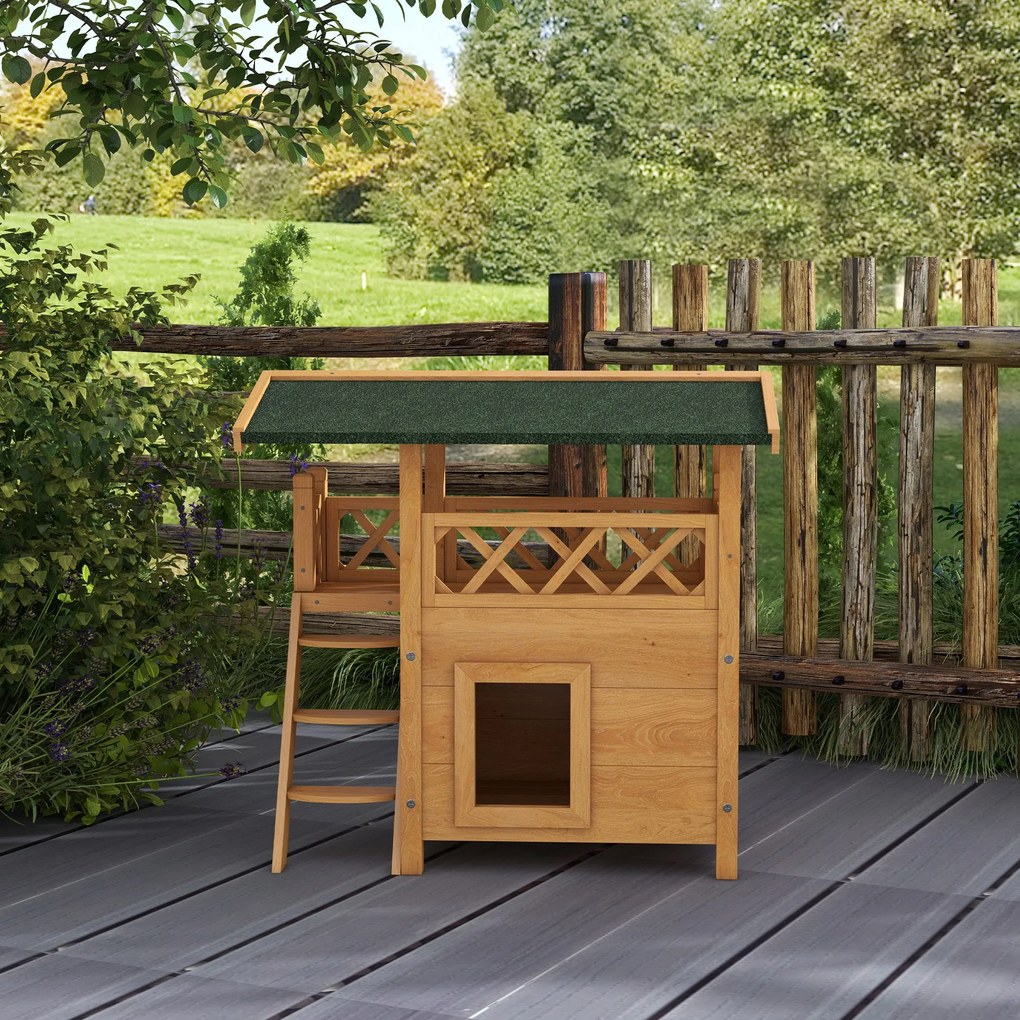 PawHut dvoupatrový domek pro kočky s asfaltovou střechou a balkonem, vila pro kočky z masivního dřeva se schody, přírodní, 77x50x73cm