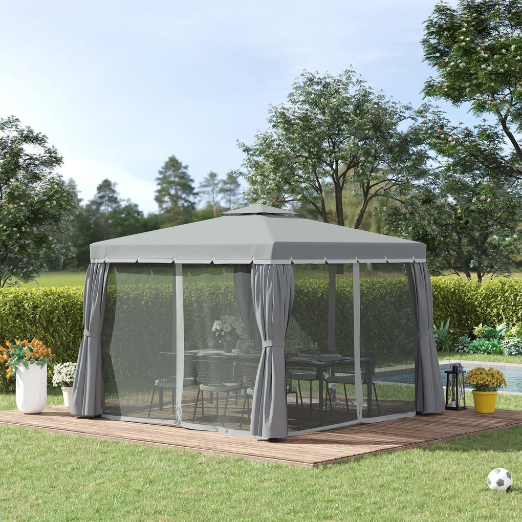 Zahradní pavilon Outsunny, 2,96 x 2,96 m, s dvojitou střechou, 4 boční panely moskytiéra, párty stan hliníkový polyester