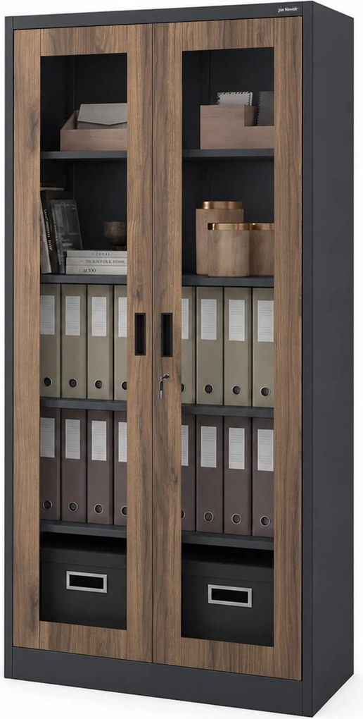 Kovová skříň s vitrínou antracitová, ořech, 900x1850x400 mm: AMELIA Eco Design