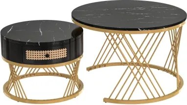 Aosom Konferenční stolek set 2 v 1 70x70 cm s ratanovými zásuvkami zlaté nohy MDF do obývacího pokoje černý