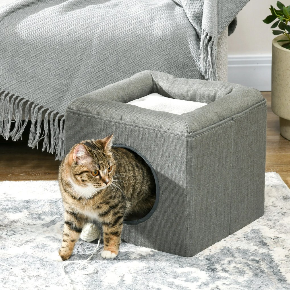 PawHut kočičí jeskyně dvoupatrový domeček pro kočky 36,5x36,5x33cm s polštářem pro kočky do 5kg v zelené barvě, domeček pro malá zvířata