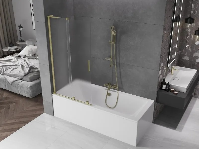 Mexen Velar L, 2-křídlová posuvná vanová zástěna 90 x 150 cm, 8mm sklo námraza, zlatá matná, 896-090-003-31-55