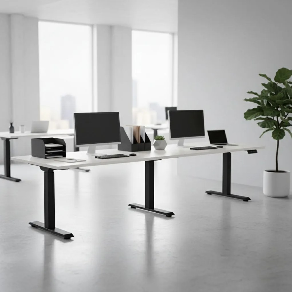 Výškově nastavitelný stůl OfficeTech Long, 260 x 80 cm, černá podnož, bílý jasan