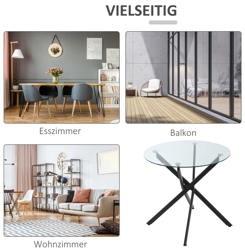 Konferenční stolek HOMCOM kulatý skleněný stolek černý odkládací stolek s bezpečnostním sklem a kovovým rámem 80x80x75 cm moderní a stylový