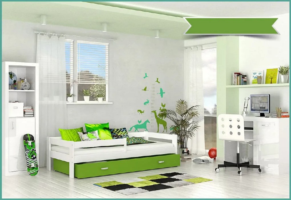 Expedo Dětská postel HARRY P1 COLOR s barevnou zásuvkou + matrace, 80x160, bílý/zelený