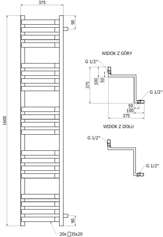 Mexen Loop, koupelnový radiátor 1600 x 375 mm, 837 W, černá, W129-1600-350-00-70