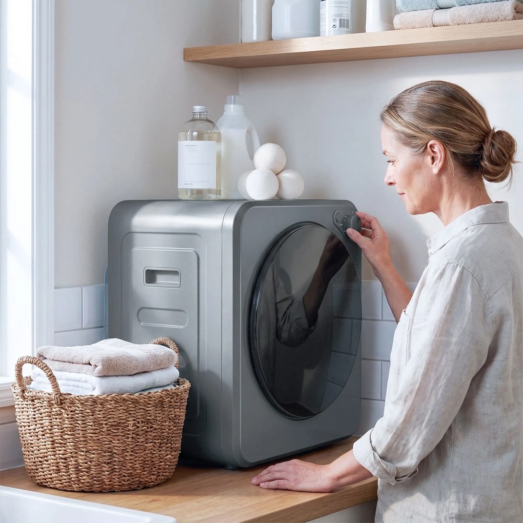 HOMCOM Mini sušička prádla 4 kg s 5 programy až do 60℃ 800W/400W odvětrávací sušička s nerezovým bubnem šedá