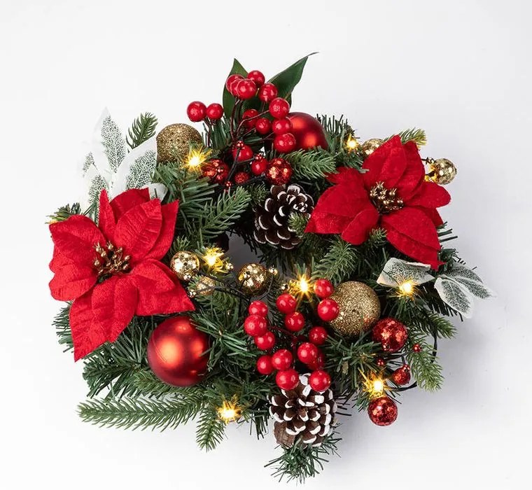Vánoční věnec POINSETTIA s LED osvětlením, 30 cm