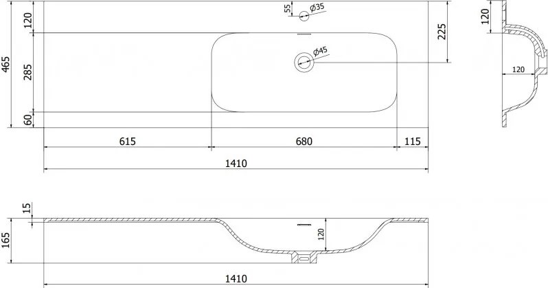 Mexen Vela, umyvadlo na zapuštění 141 x 46,5 cm, pravé, bílá matná, 25231401P